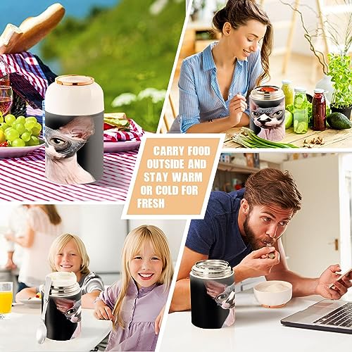 CUPADA Vivid Hairless Cat Food Jar, Cute Kitten Insulated Hot Food Jars Vacuum 17OZ with Folding Spoon for Work Trip Picnic Camping
