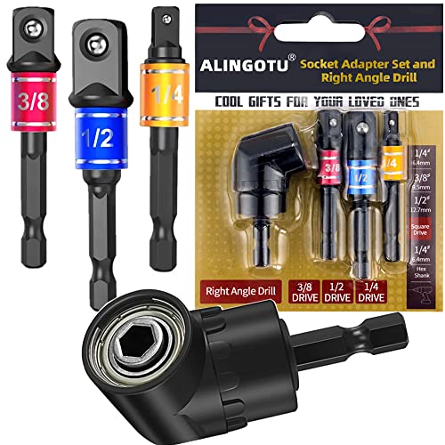 ALINGOTU Right Angle Drill Adapter and Drill Socket Adapter,Impact Driver Bit Set,Right Angle Drill Attachment,3-Piece 1/4", 3/8", and 1/2" Drive,Black,Cr-V,Gifts for Dad,Christmas Stocking Stuffers