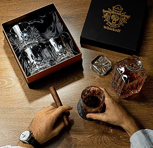 𝗟𝗨𝗫𝗨𝗥𝗬 Gifts For Men Dad - Crystal Whiskey Glasses - Set of 4 Rocks Glasses in Satin-Lined Gift Box - Old Fashioned Whisky Lowball Bar Tumblers Barware for Drinking Bourbon, Scotch, Whisky