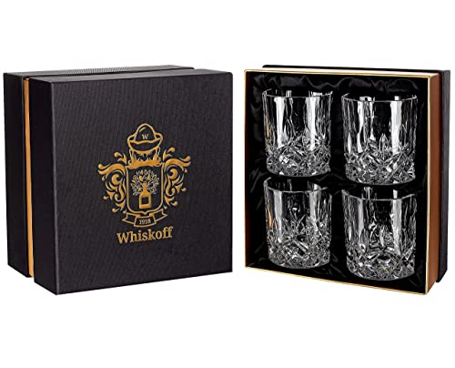 𝗟𝗨𝗫𝗨𝗥𝗬 Gifts For Men Dad - Crystal Whiskey Glasses - Set of 4 Rocks Glasses in Satin-Lined Gift Box - Old Fashioned Whisky Lowball Bar Tumblers Barware for Drinking Bourbon, Scotch, Whisky
