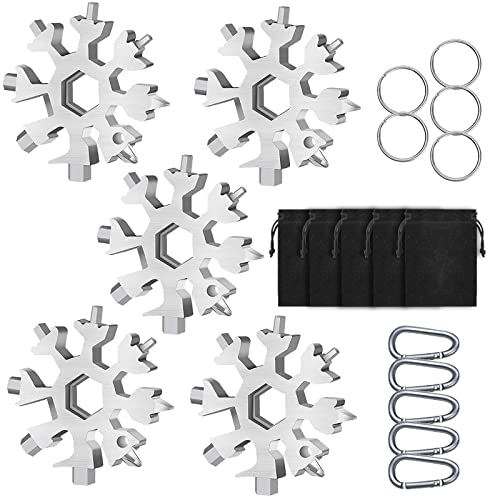 Snowflake Multitool, 5 Pieces 18-in-1 Stainless Steel Snowflake Standard Multitool, Snowflake Tool with Key Ring, Carabiner Clip and Gift Bag (Silver)