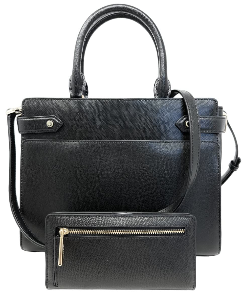 Kate Spade New York Staci Medium Saffiano Leather Satchel Purse With Matching Lg Slim Bifold Wallet (Black)