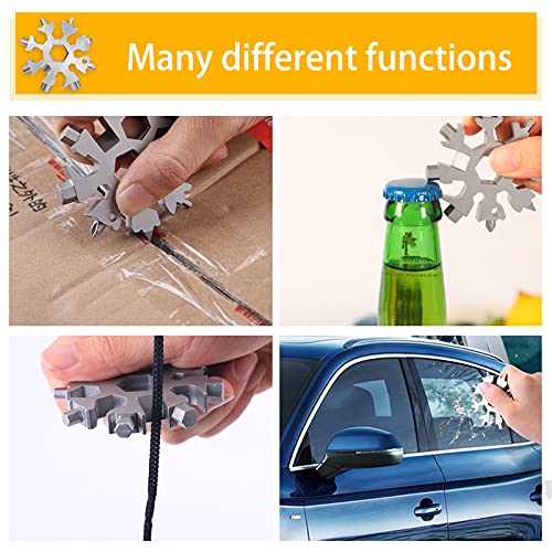 Snowflake Multitool, 5 Pieces 18-in-1 Stainless Steel Snowflake Standard Multitool, Snowflake Tool with Key Ring, Carabiner Clip and Gift Bag (Silver)
