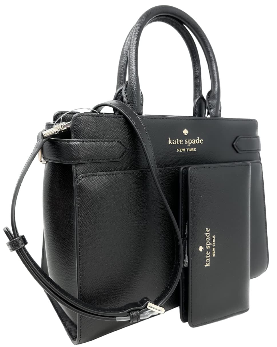 Kate Spade New York Staci Medium Saffiano Leather Satchel Purse With Matching Lg Slim Bifold Wallet (Black)