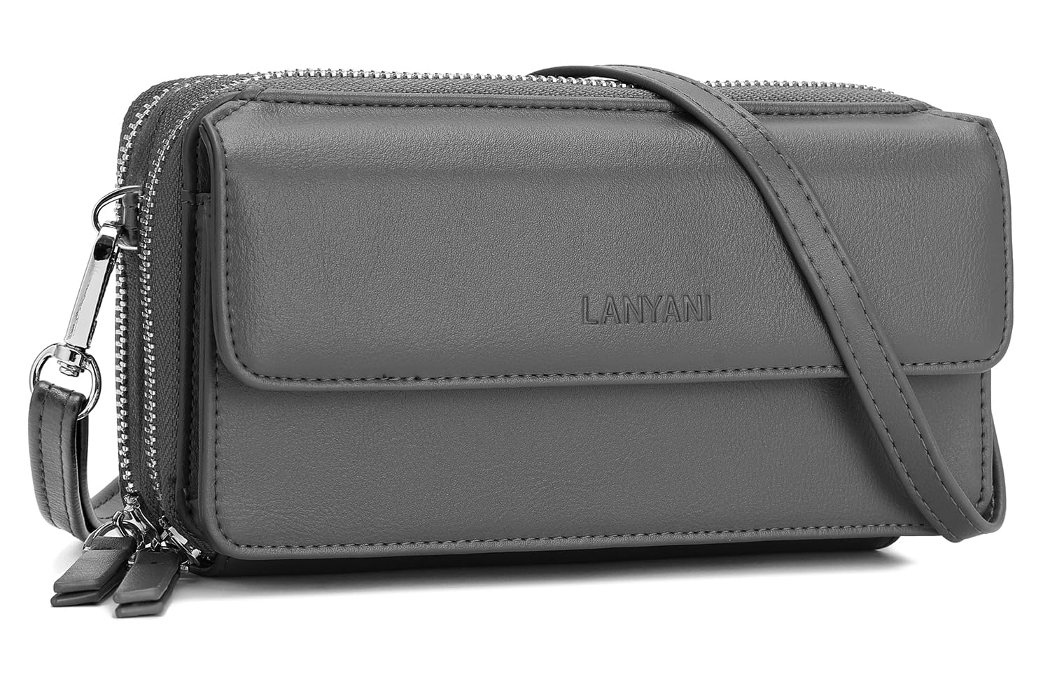 Women Crossbody Wallet Purse, Small Phone Bag With Shoulder Strap, RFID Wristlet Cross Body Mini Handbag Lightweight PU Leather Grey