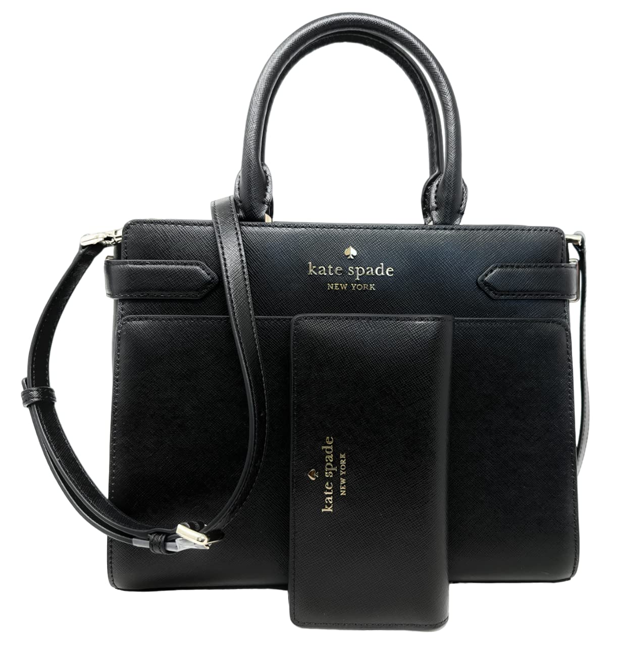 Kate Spade New York Staci Medium Saffiano Leather Satchel Purse With Matching Lg Slim Bifold Wallet (Black)