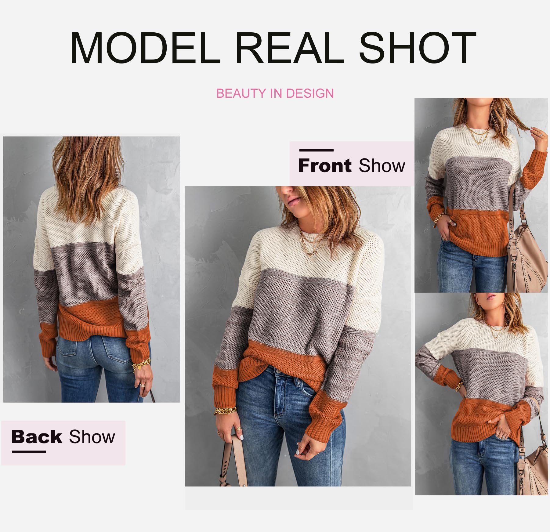 Dokotoo Womens Sweaters Fall 2024 Winter Crewneck Long Bat Sleeve Color Block Pullover for Women Casual Knit Jumper Tops Yellow Medium