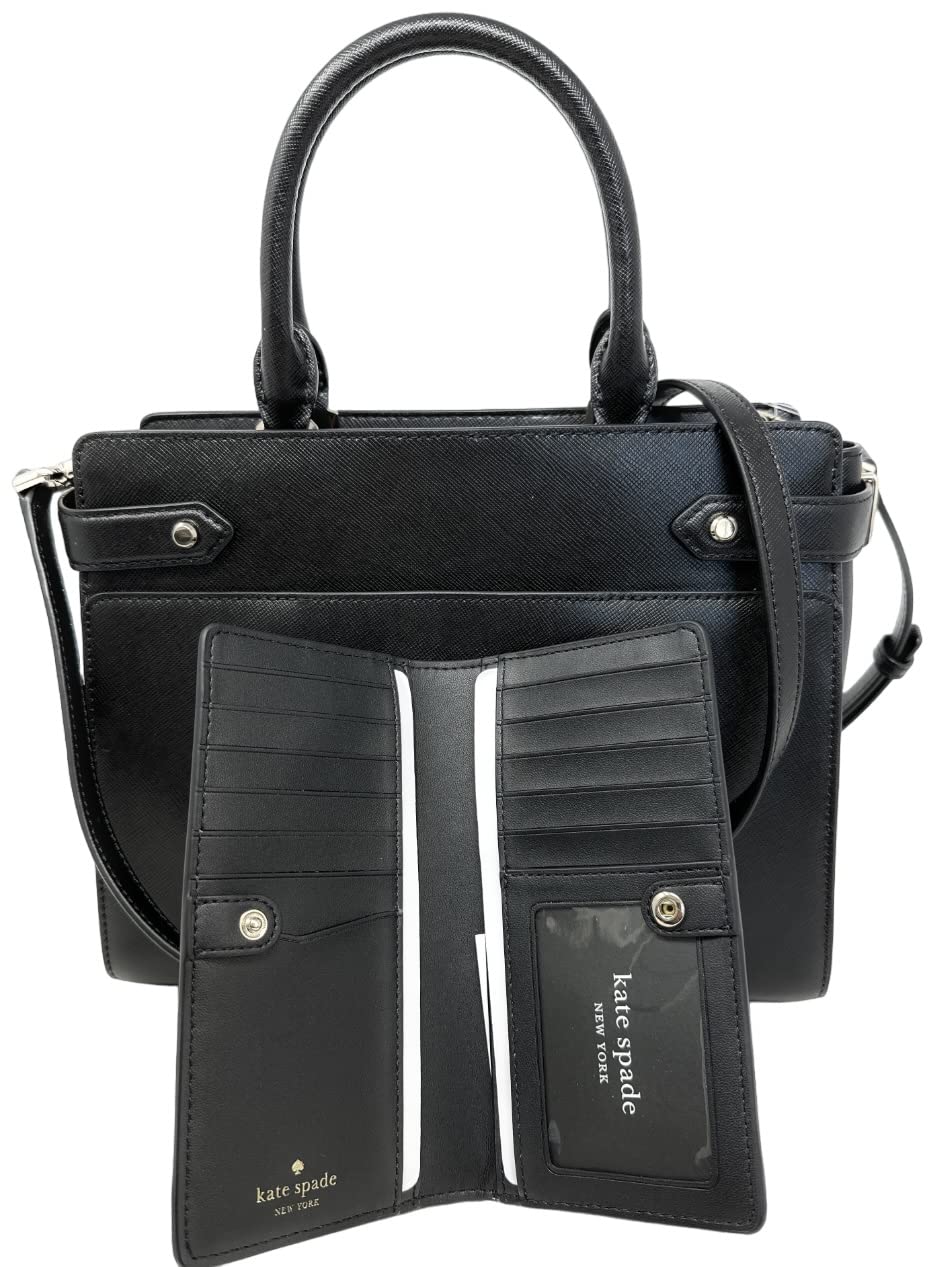 Kate Spade New York Staci Medium Saffiano Leather Satchel Purse With Matching Lg Slim Bifold Wallet (Black)