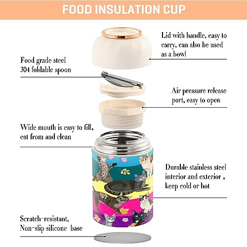 CUPADA Cute Cats Kittens Food Jar, Colorful Stripes Insulated Hot Food Jars Vacuum 17OZ with Folding Spoon for Work Trip Picnic Camping