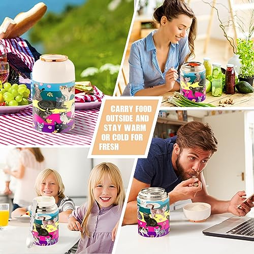 CUPADA Cute Cats Kittens Food Jar, Colorful Stripes Insulated Hot Food Jars Vacuum 17OZ with Folding Spoon for Work Trip Picnic Camping