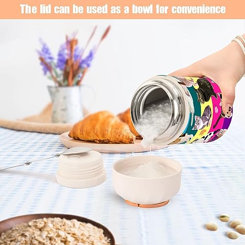 CUPADA Cute Cats Kittens Food Jar, Colorful Stripes Insulated Hot Food Jars Vacuum 17OZ with Folding Spoon for Work Trip Picnic Camping