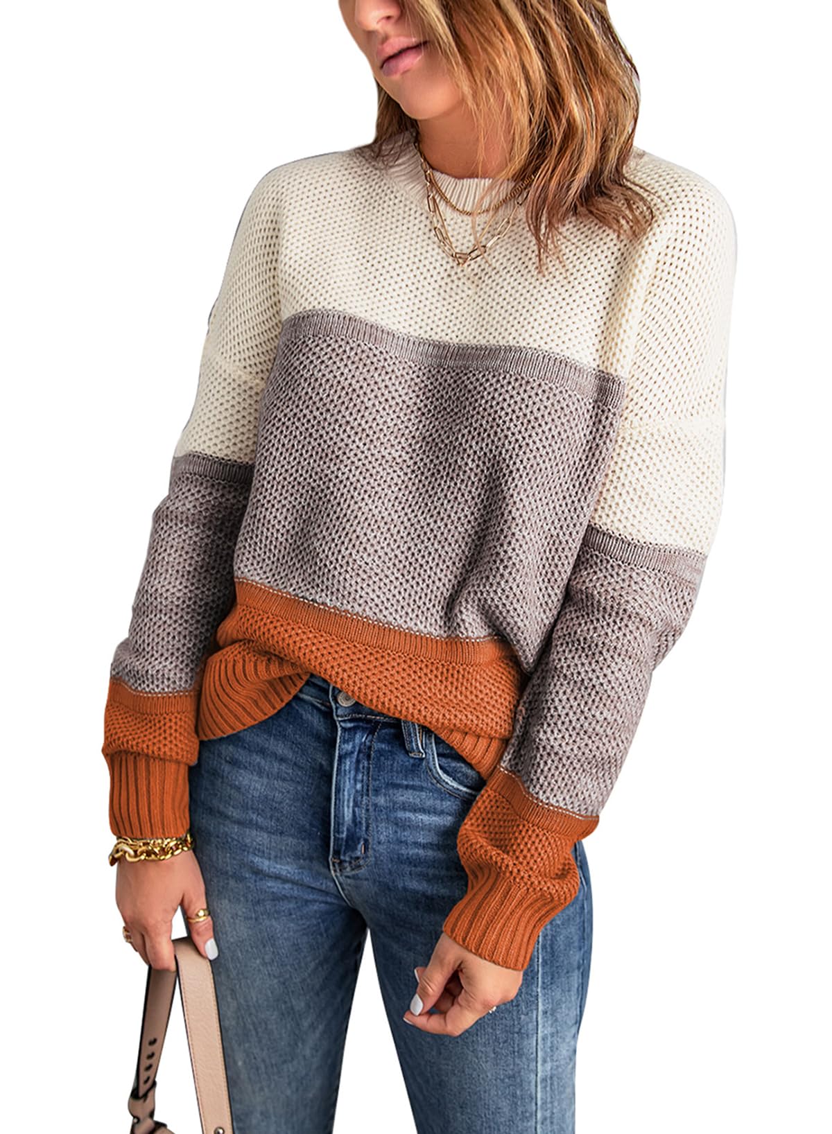 Dokotoo Womens Sweaters Fall 2024 Winter Crewneck Long Bat Sleeve Color Block Pullover for Women Casual Knit Jumper Tops Yellow Medium