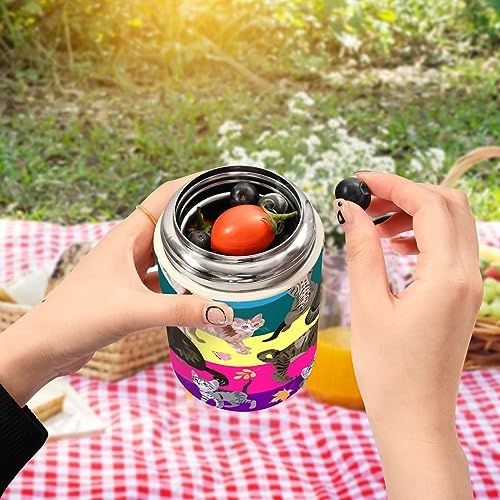 CUPADA Cute Cats Kittens Food Jar, Colorful Stripes Insulated Hot Food Jars Vacuum 17OZ with Folding Spoon for Work Trip Picnic Camping