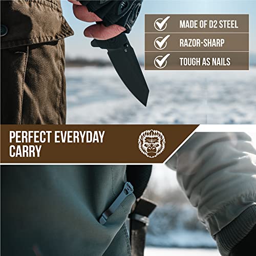 Holtzman's Gorilla Survival Folding Knife D2 Steel Blade G10 Tactical Handle Pocket Folding Knife EDC Giftset for Men (Silver and Green)