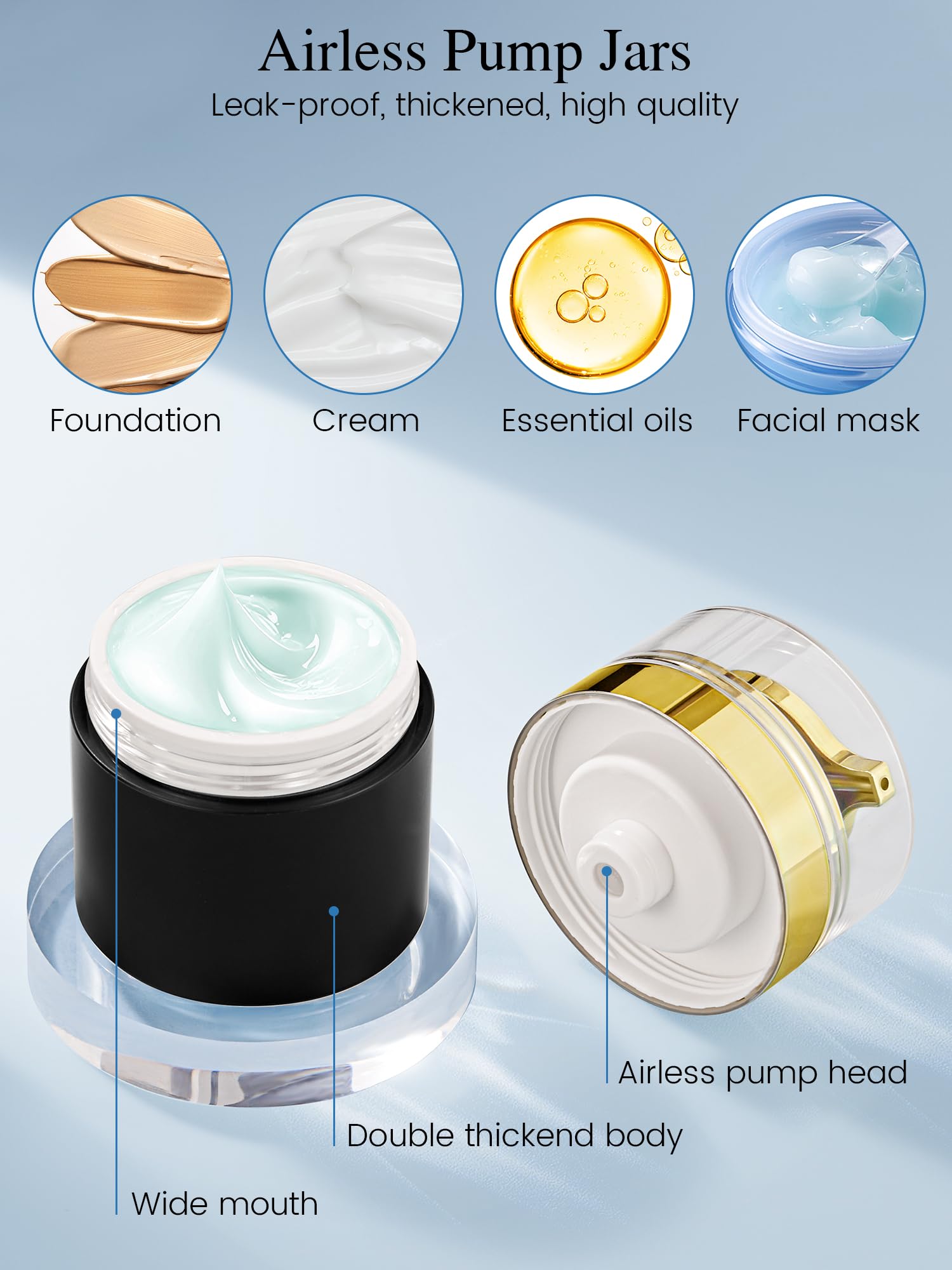 PARAKE Airless Pump Jars, 4-Pack 1.7 Oz Empty Moisturizer Pump Dispensers, Refillable LeakProof Vacuum Cosmetic Containers, Travel Airless Pump Bottles for Cream Lotion Skincare Toiletries (Black)