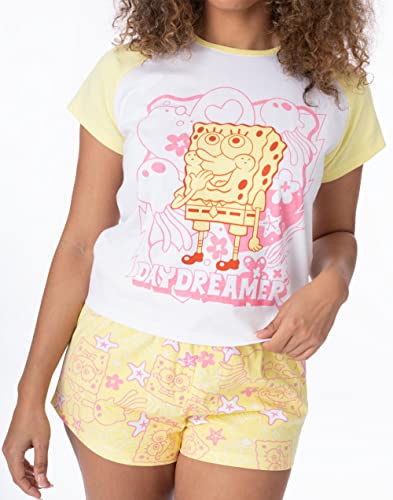 SpongeBob SquarePants Womens Pajama Set | Ladies Raglan T-Shirt & Yellow Elasticated Shorts | Daydreamer Coral & Jellyfish