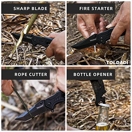 Toldadi Spring Assisted Pocket Knife With Clip for Men, 8 in Tactical Folding Knife With Liner Lock, 7-In-1 Multitool EDC Knife Gifts for Men Father Husband