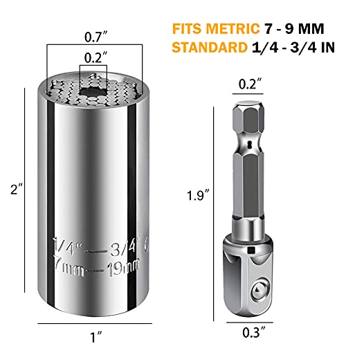 HTWORGRE Universal Socket, 1/4"-3/4" (7mm to 19mm) Ratchet Universal Socket Set with Wrench Power Drill Adapter - Best Tool Present for Handyman Men Husband Father Boyfriend Him (Silver)