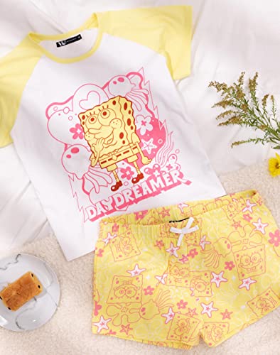 SpongeBob SquarePants Womens Pajama Set | Ladies Raglan T-Shirt & Yellow Elasticated Shorts | Daydreamer Coral & Jellyfish