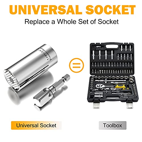HTWORGRE Universal Socket, 1/4"-3/4" (7mm to 19mm) Ratchet Universal Socket Set with Wrench Power Drill Adapter - Best Tool Present for Handyman Men Husband Father Boyfriend Him (Silver)