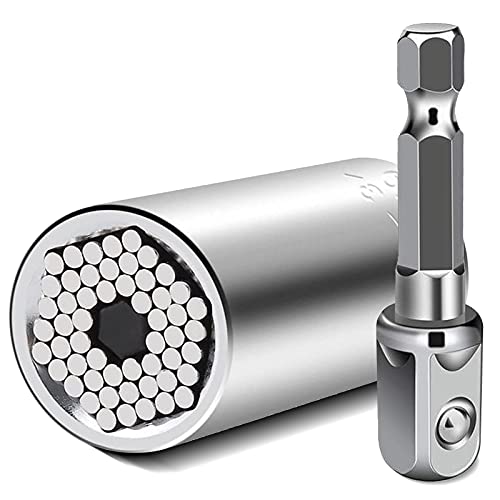 HTWORGRE Universal Socket, 1/4"-3/4" (7mm to 19mm) Ratchet Universal Socket Set with Wrench Power Drill Adapter - Best Tool Present for Handyman Men Husband Father Boyfriend Him (Silver)