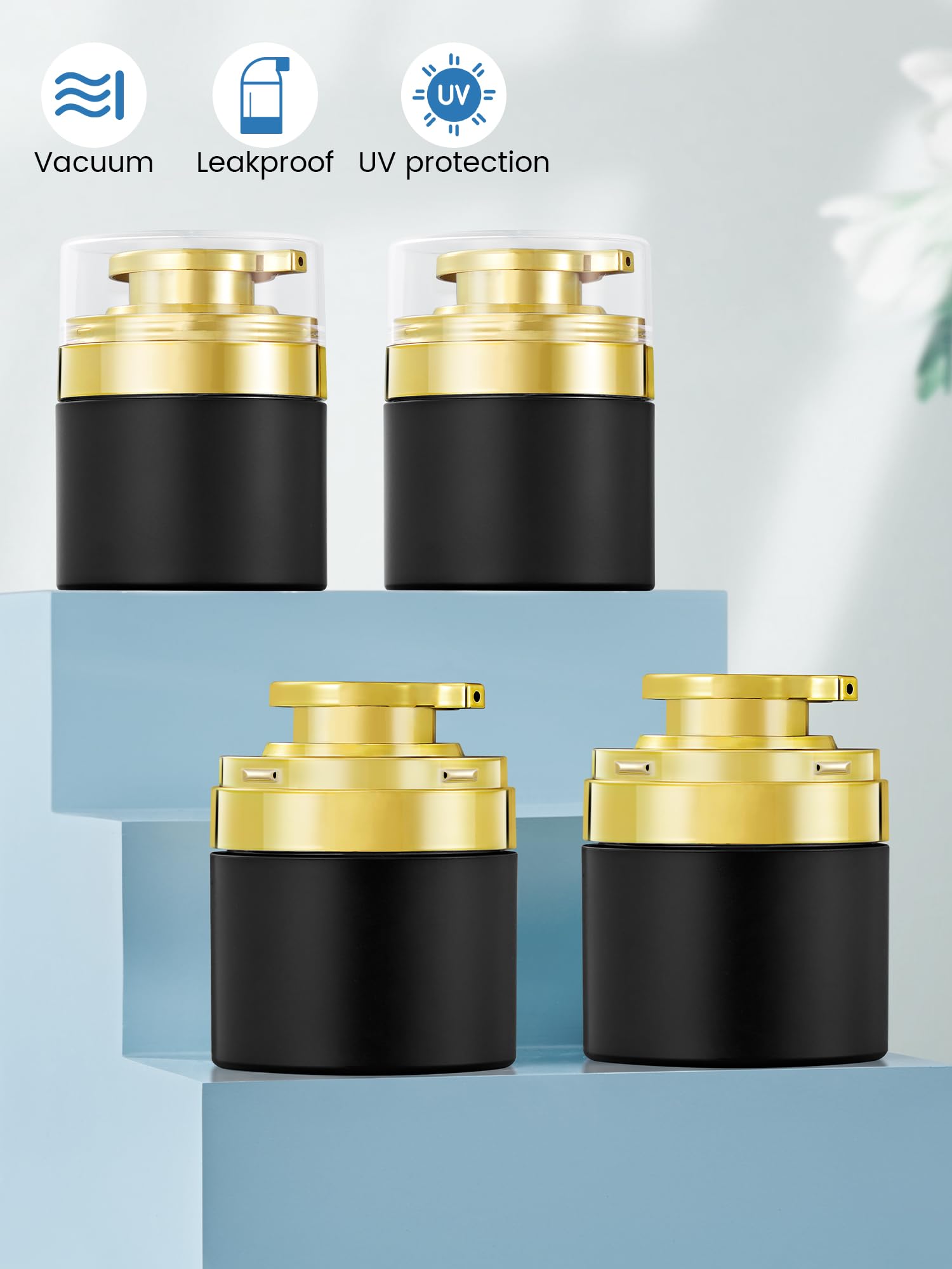 PARAKE Airless Pump Jars, 4-Pack 1.7 Oz Empty Moisturizer Pump Dispensers, Refillable LeakProof Vacuum Cosmetic Containers, Travel Airless Pump Bottles for Cream Lotion Skincare Toiletries (Black)