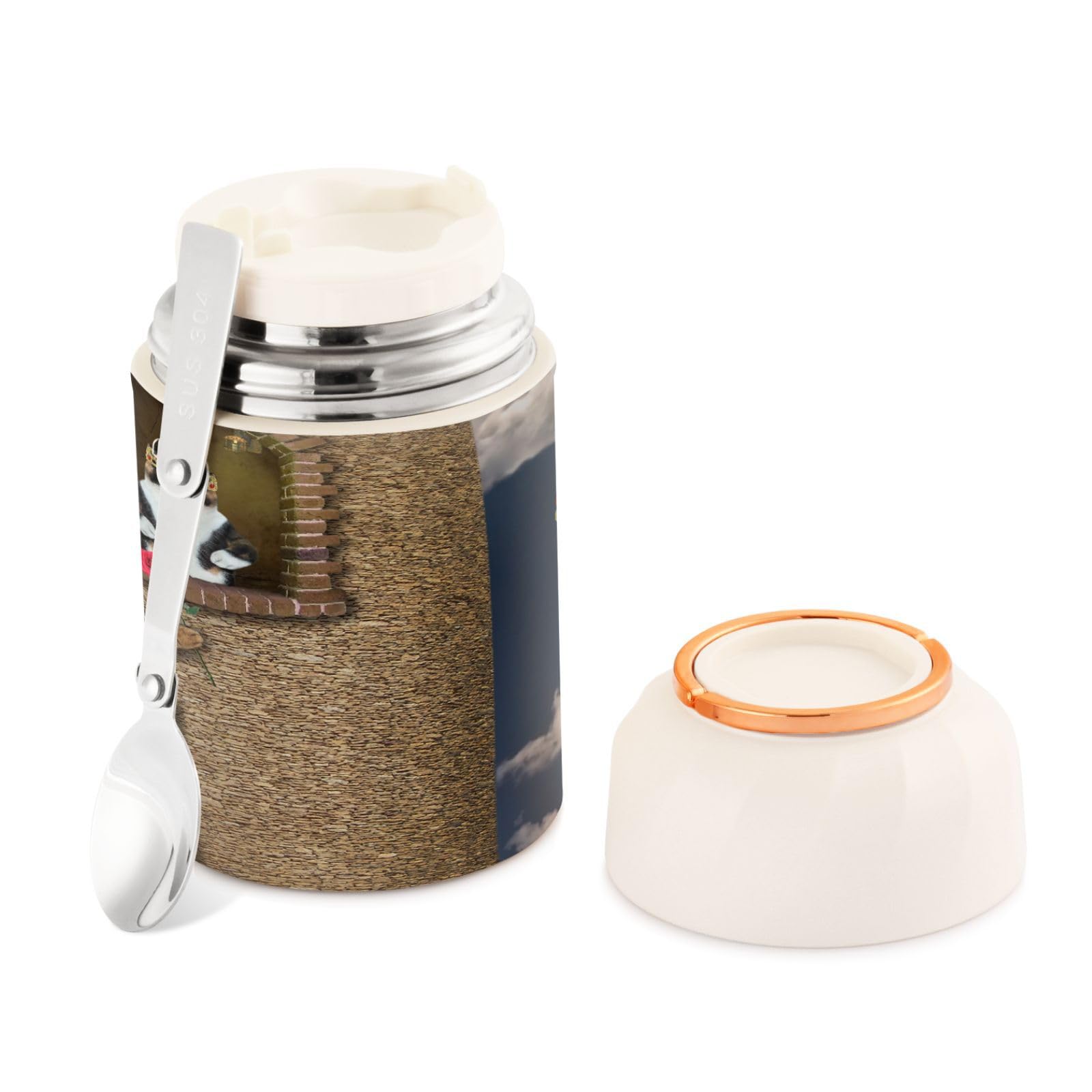 CUPADA Creative Cat Lovers Food Jar, Rose Dating Insulated Hot Food Jars Vacuum 17OZ with Folding Spoon for Work Trip Picnic Camping