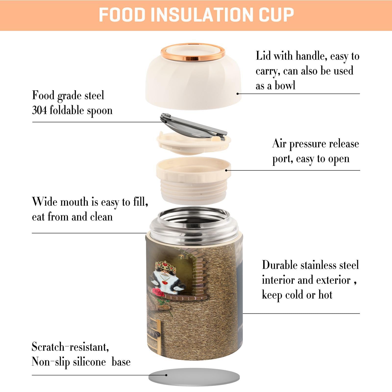 CUPADA Creative Cat Lovers Food Jar, Rose Dating Insulated Hot Food Jars Vacuum 17OZ with Folding Spoon for Work Trip Picnic Camping