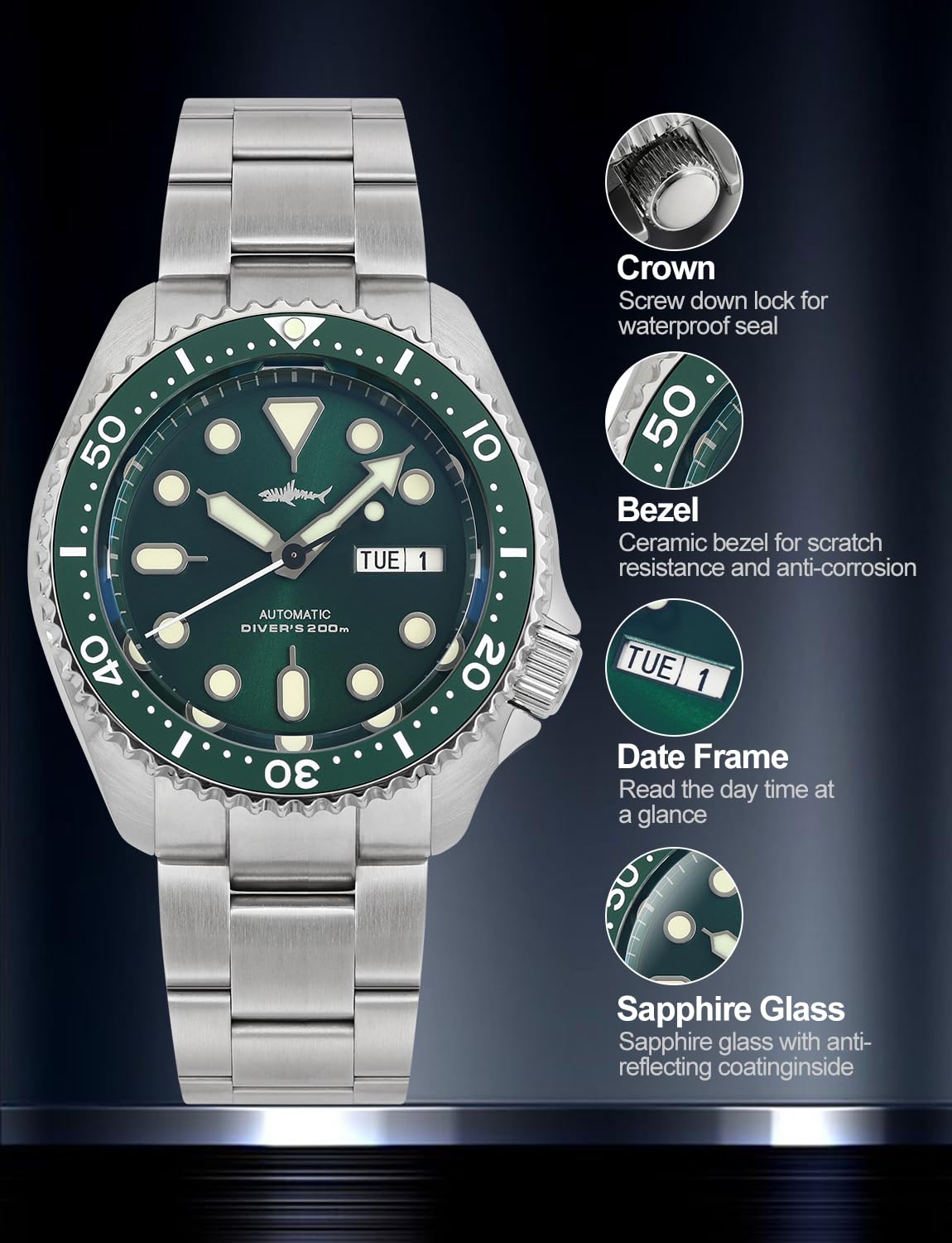 TACTICAL FROG Heimdallr SKX007 Dive Watches for Men, NH36A Movement C3 Luminous Mens Automatic Watches, 200 Meter Water Resistant, Multi-Color