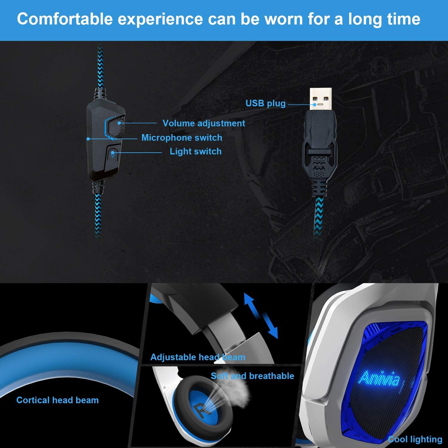 Anivia MH901 USB Gaming Headset for PC/MAC/PS4/PS5, 7.1 Surround Sound Wired Headphone with Adjustable Active Noise Cancelling Mic, White & Blue LED Light