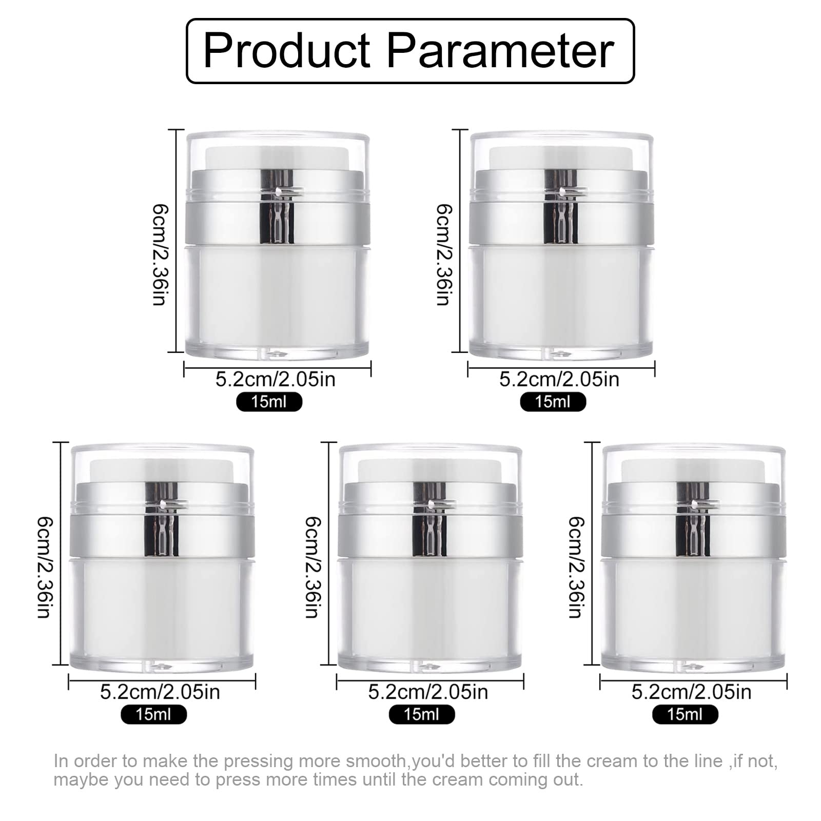 Airless Pump Jar, 5PCS Cream Jar Vacuum Bottle Refillable Travel Containers for Toiletries, Airless Pump Bottles for Lotions And Creams(0.5 Oz/15ml)