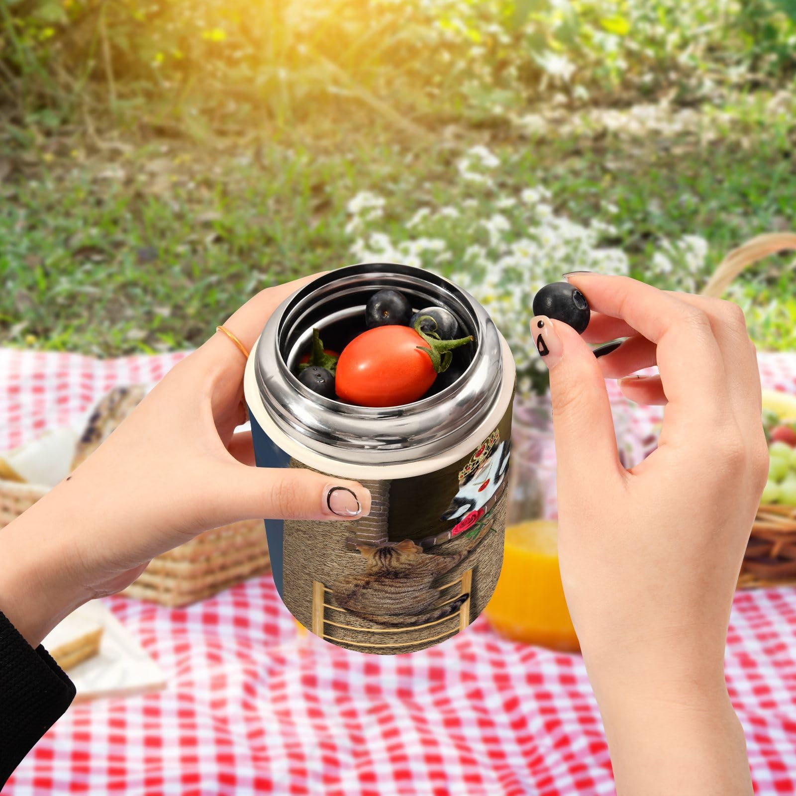 CUPADA Creative Cat Lovers Food Jar, Rose Dating Insulated Hot Food Jars Vacuum 17OZ with Folding Spoon for Work Trip Picnic Camping