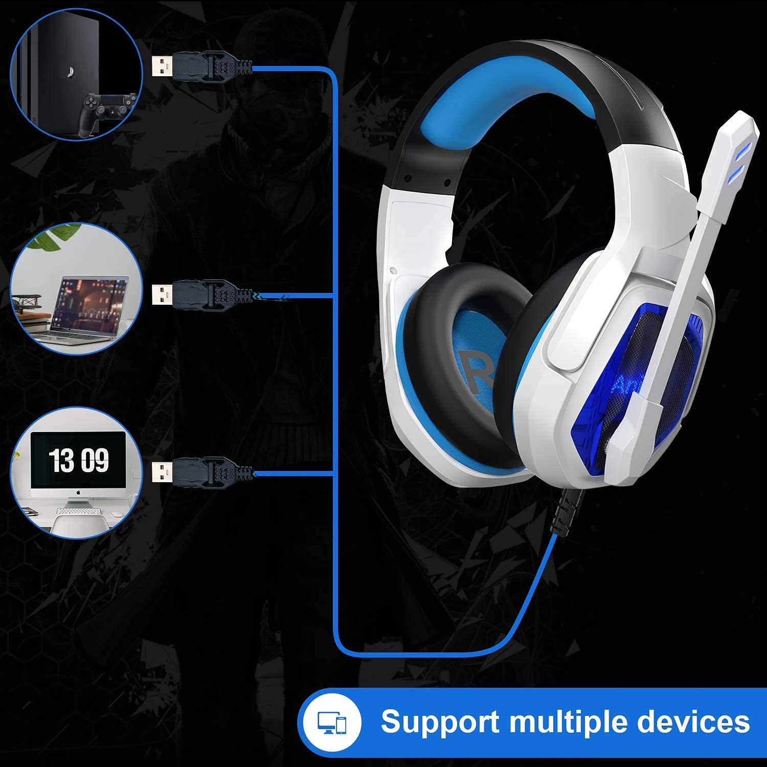 Anivia MH901 USB Gaming Headset for PC/MAC/PS4/PS5, 7.1 Surround Sound Wired Headphone with Adjustable Active Noise Cancelling Mic, White & Blue LED Light
