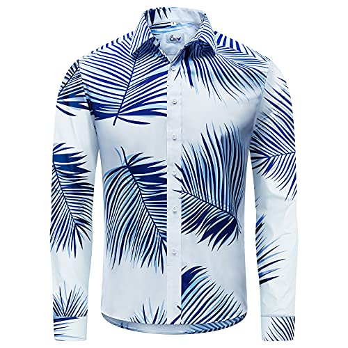 EUOW Mens Hawaiian Shirts Floral Printed Casual Long Sleeve Button Down Beach Dress Shirts (YZ Blue, S)