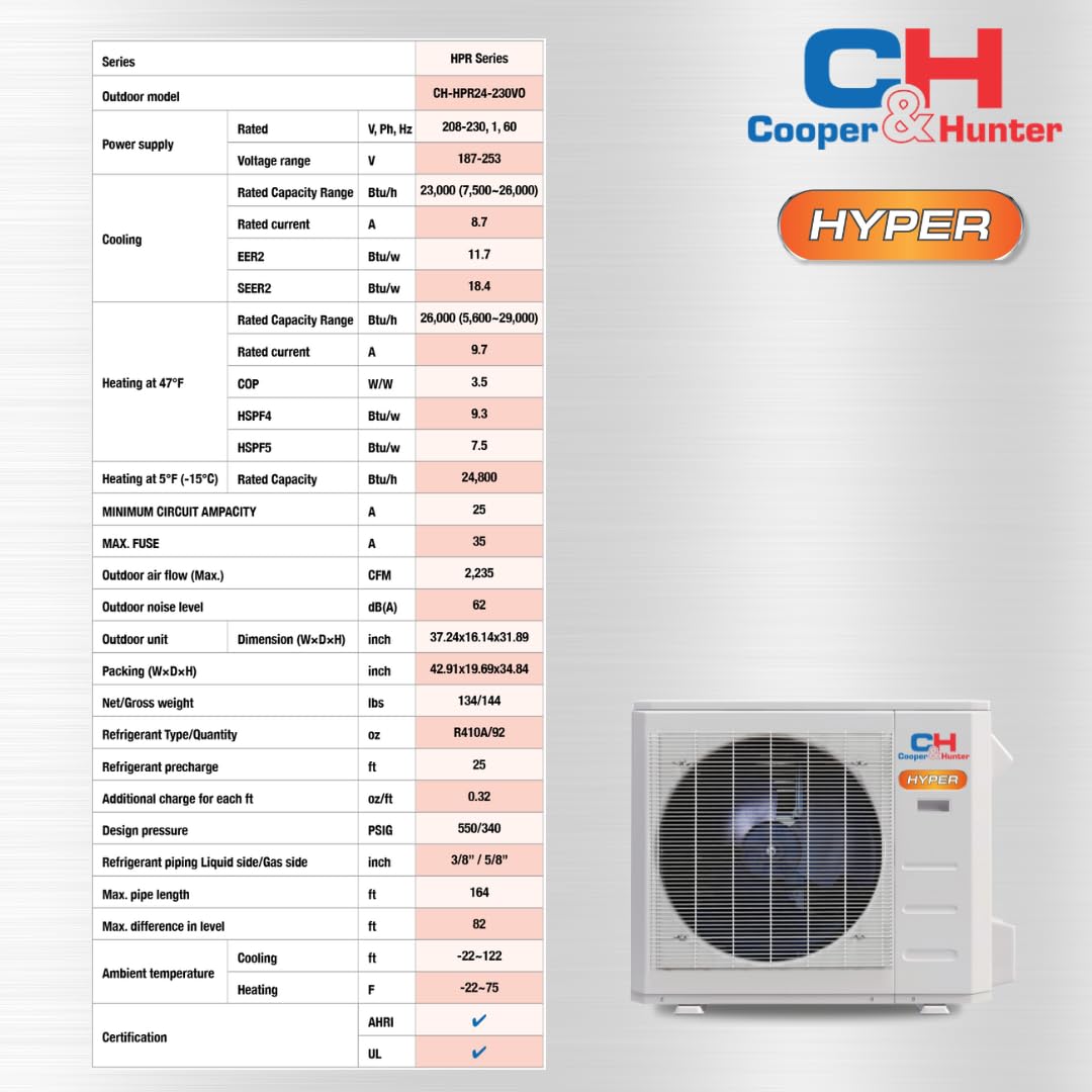 Cooper&Hunter Hyper Heat 24,000 BTU 2 TON Central Mini Split AC Air to Air Heat Pump System with Multi Position Air Handler Unit Including 25ft Installation Kit