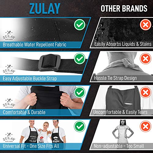 Zulay (2-Pack) Funny Aprons For Women, Men & Couples - Adjustable Universal Fit Cooking Apron - Black Apron With Pockets For BBQ, Baking, Painting, Wedding Gift & More - (Funny Cooking Puns)