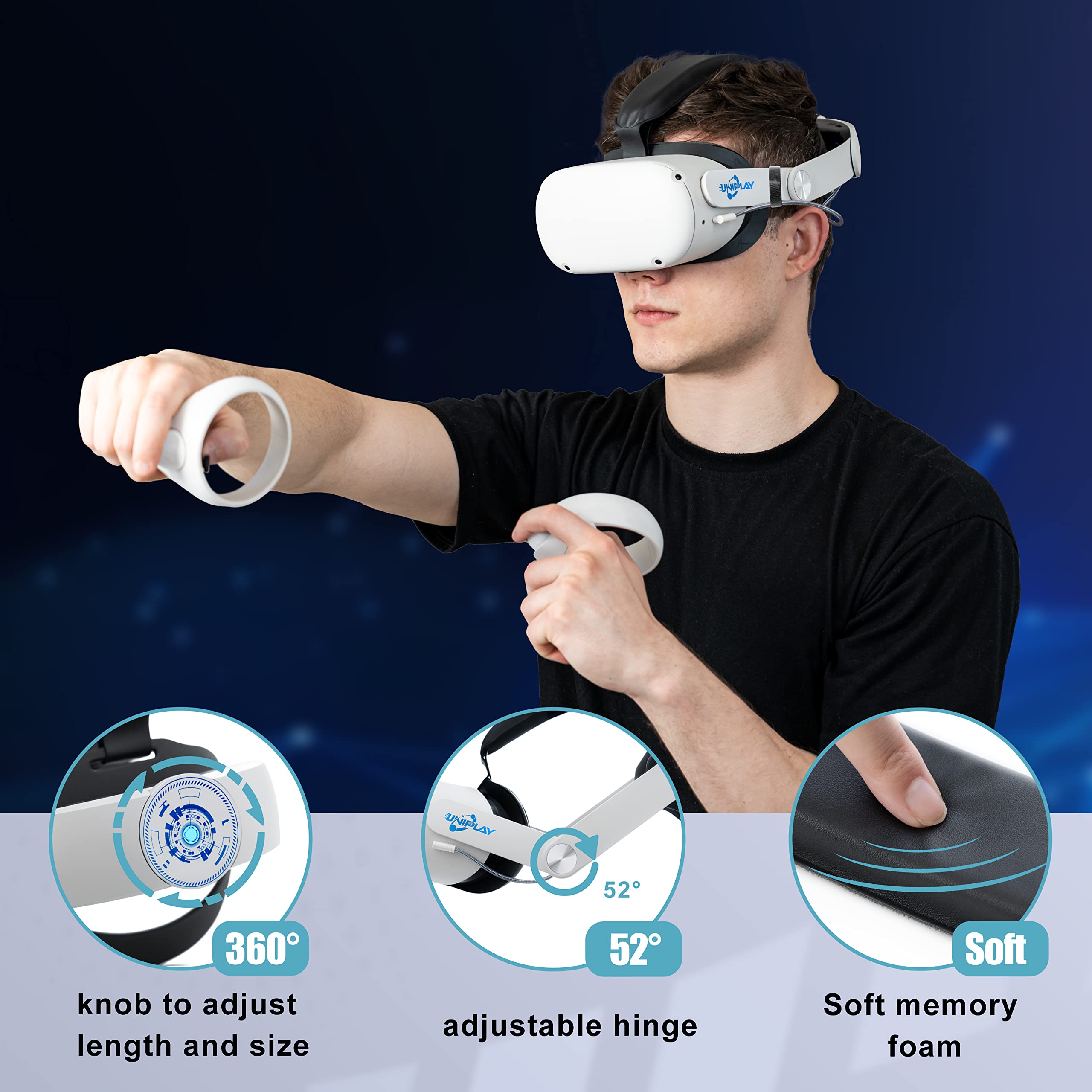 Uniplay Head Strap for Quest 2 Battery Pack 10000mAh VR Elite Strap VR Accessories VR Adjustable Head Strap 6-8Hours Enhanced Support Breathable Memory Foam for VR Headset