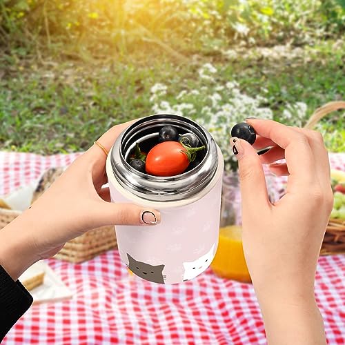 CUPADA Cats Paws Food Jar for Hot and Cold, Pink Cute Insulated Food Jars Vacuum 17OZ with Folding Spoon for Work Trip Picnic Camping