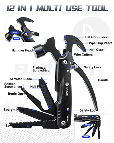 BIBURY Hammer Multitool Camping Tool, 12 in 1 Survival Gear Outdoor Multi Tool with Safety Lock, Cool Gadgets Survival Multi-Tool for Outdoor, Camping, Hiking, Christmas Present Stocking Stuffers