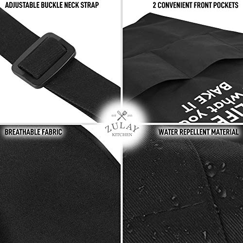 Zulay (2-Pack) Funny Aprons For Women, Men & Couples - Adjustable Universal Fit Cooking Apron - Black Apron With Pockets For BBQ, Baking, Painting, Wedding Gift & More - (Funny Cooking Puns)