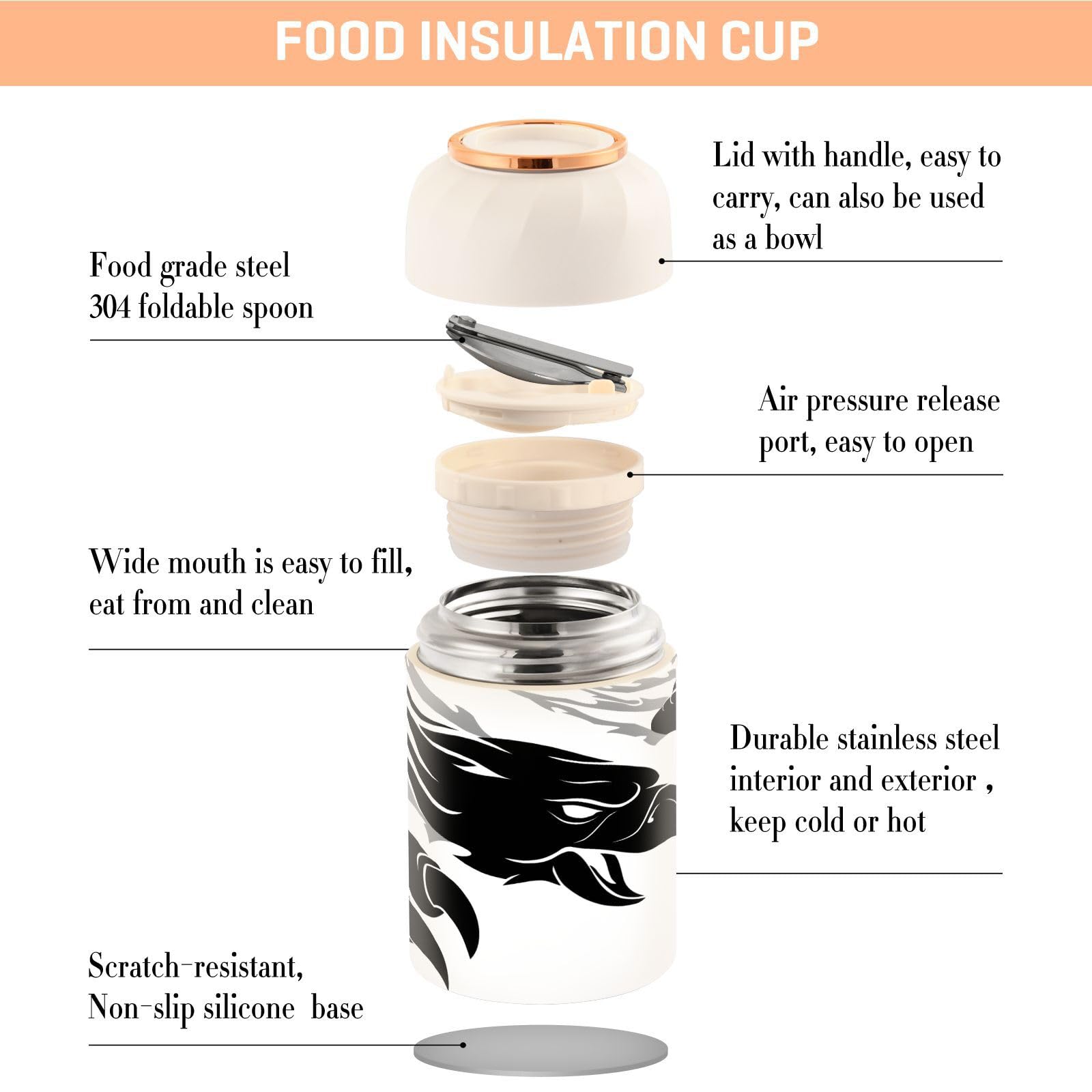 CUPADA Claw Rip Food Jar for Hot and Cold, Paw Stratching Insulated Food Jars Vacuum 17OZ with Folding Spoon for Work Trip Picnic Camping
