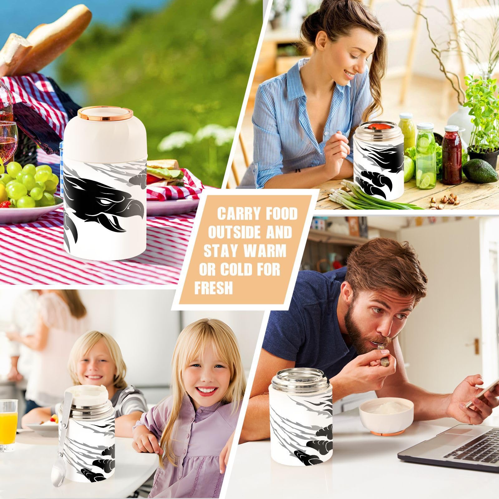 CUPADA Claw Rip Food Jar for Hot and Cold, Paw Stratching Insulated Food Jars Vacuum 17OZ with Folding Spoon for Work Trip Picnic Camping