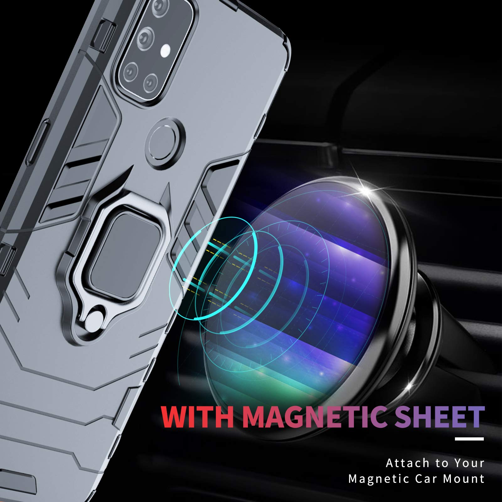 Jusy 3p Oneplus Nord N10 5G Case & Tempered Glass Screen Protector & Camera Protector for 1+ Nord N10, Protective Case with Rotate Holder Kickstand and Magnetic Plate for Oneplus Nord N10 (Navy)