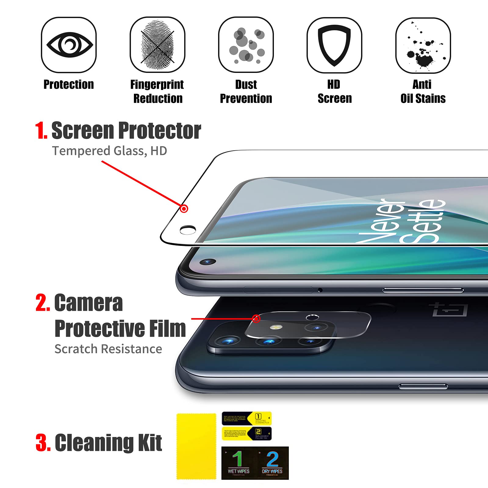Jusy 3p Oneplus Nord N10 5G Case & Tempered Glass Screen Protector & Camera Protector for 1+ Nord N10, Protective Case with Rotate Holder Kickstand and Magnetic Plate for Oneplus Nord N10 (Navy)