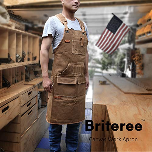 Briteree Woodworking Aprons for Men, Gift for Men, with 9 Tool Pockets, Durable Waxed Canvas, Gifts for Him