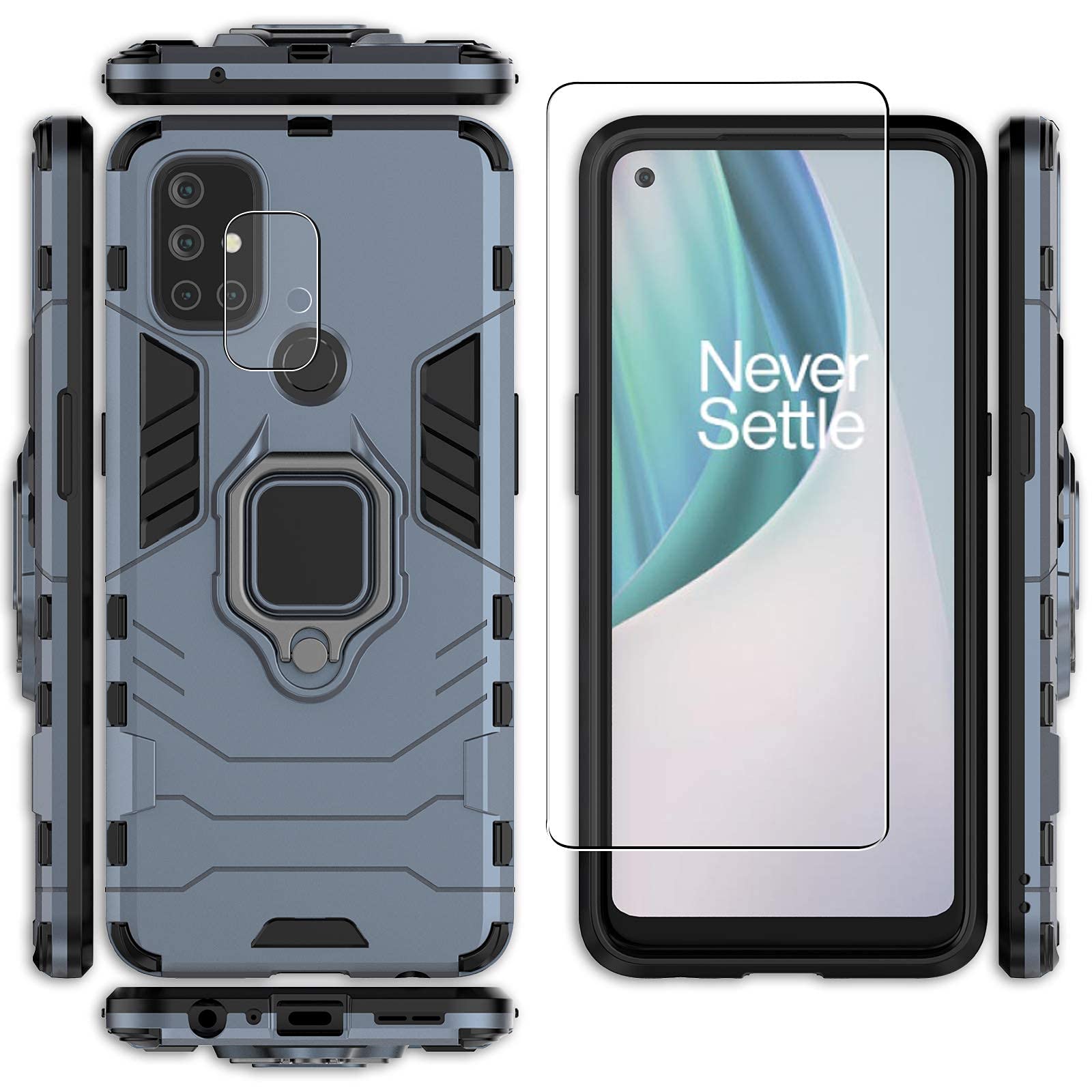 Jusy 3p Oneplus Nord N10 5G Case & Tempered Glass Screen Protector & Camera Protector for 1+ Nord N10, Protective Case with Rotate Holder Kickstand and Magnetic Plate for Oneplus Nord N10 (Navy)