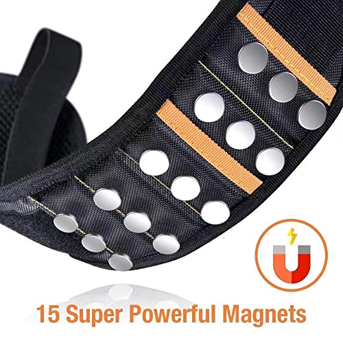 Size-adjustable Magnetic Wrist Band, Wristband for Holding Screws with 15 Strong Magnets, Tool Band Cool Christmas Gifts for Dad, husband Stocking Stuffers for Screwdriver Tool Parts