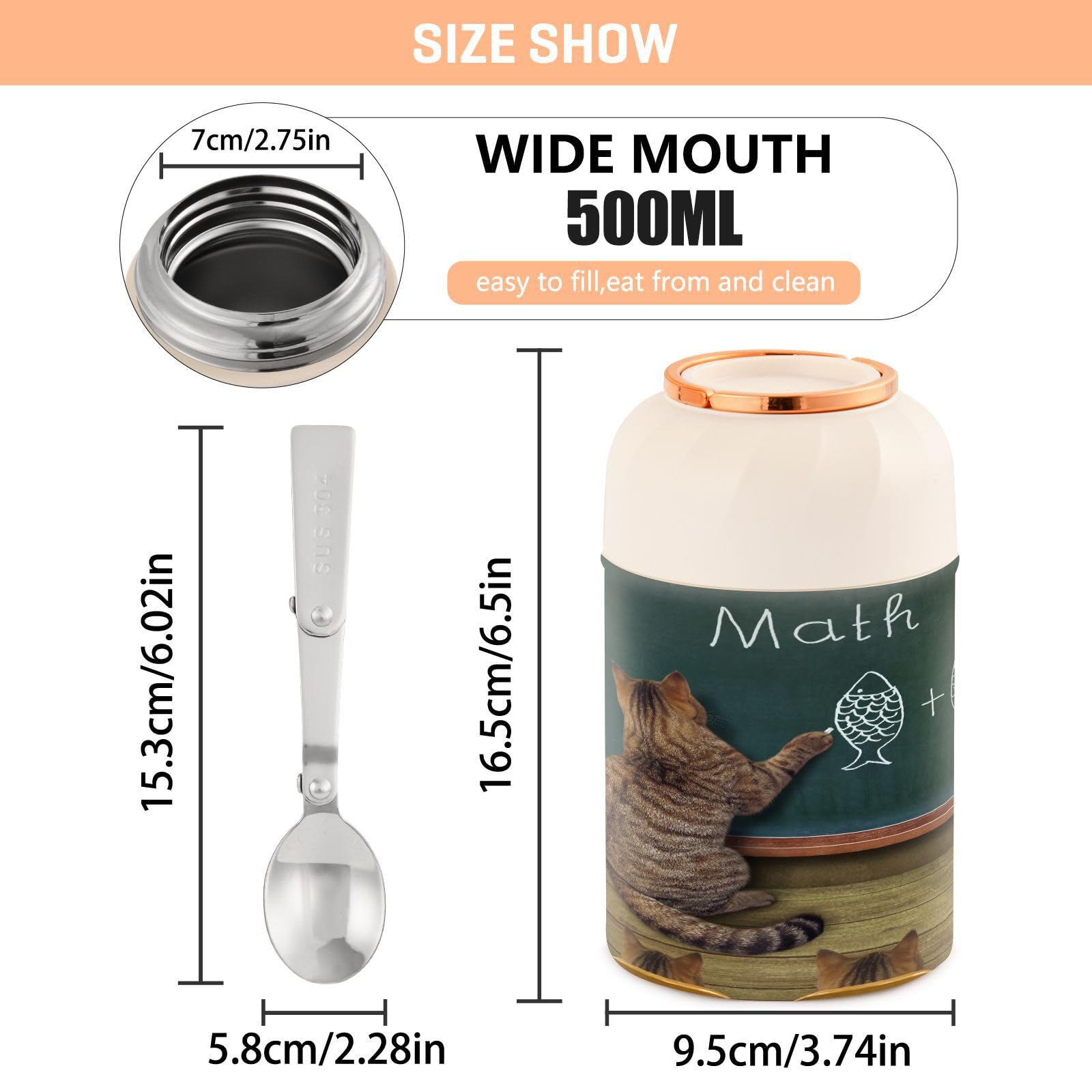 CUPADA Funny Cat Teacher Food Jar, Math Lesson Insulated Hot Food Jars Vacuum 17OZ with Folding Spoon for Work Trip Picnic Camping