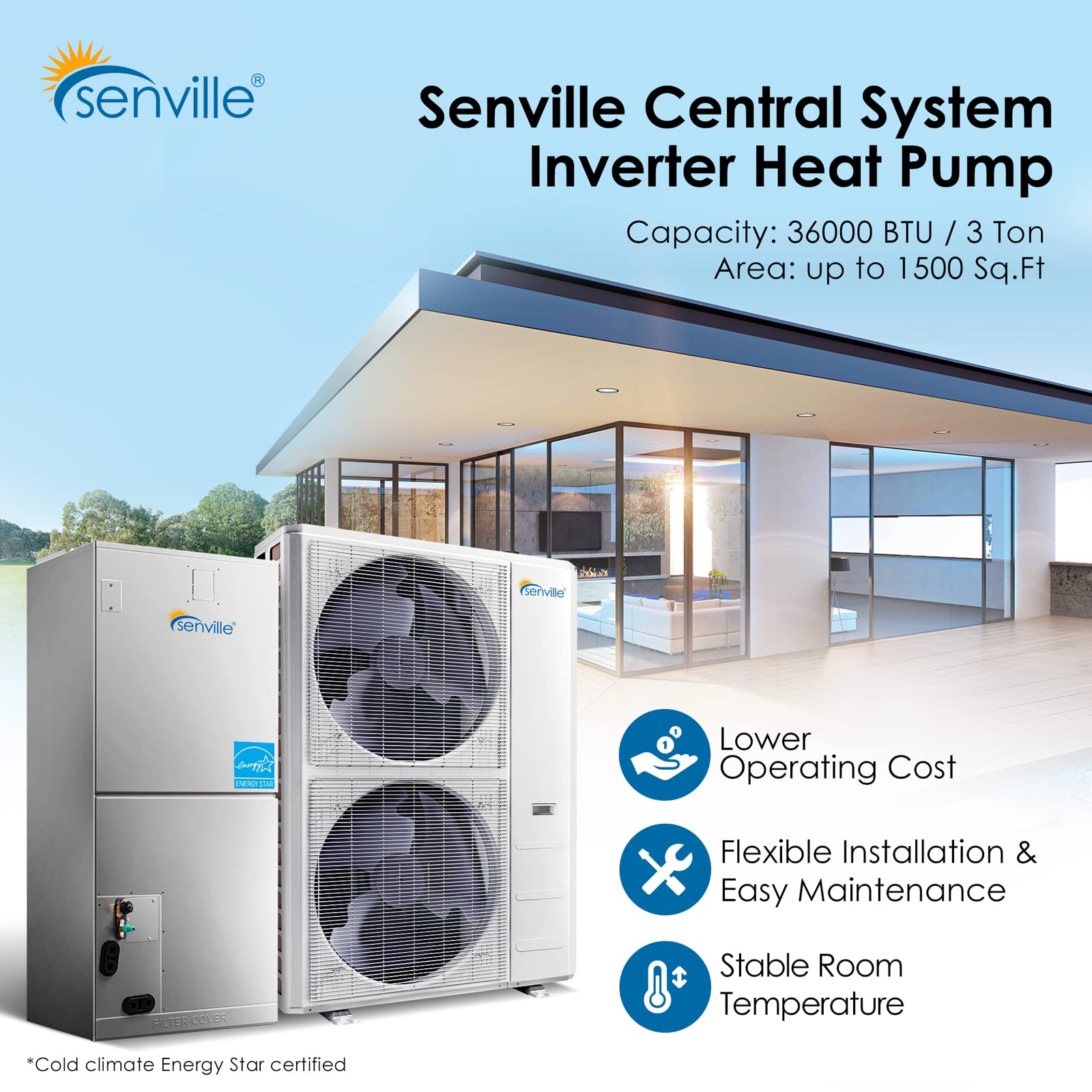 Senville 3 Ton Central Air Conditioner Heat Pump Split System, 36,000 BTU, Inverter, Variable Speed, 10KW AUX, 208/230V