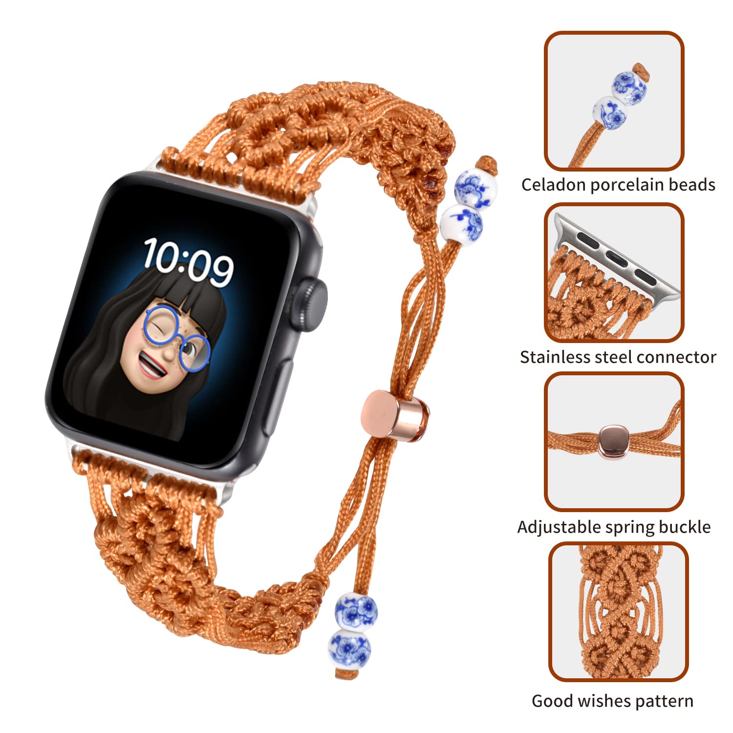 Euler 3rd Generation Colorful Nylon Thread Hand-Braided Watch band for Apple Watch Series 8 7 6 SE 5 (38/40/41mm, Coffe)